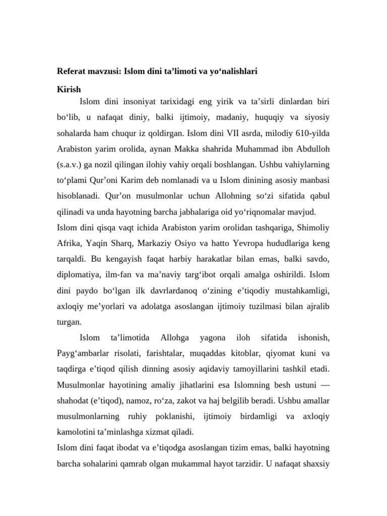 Islom Dini Talimoti Va Yonalishlari Referat | PDF