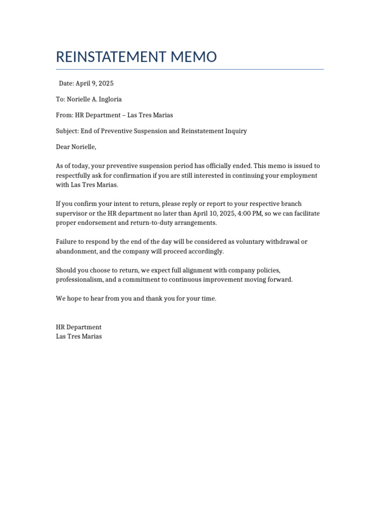 Reinstatement Memo Crislyn Norielle | PDF