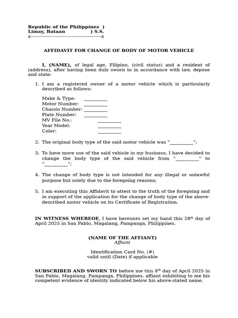 Affidavit for Motorcycle Body Change | PDF