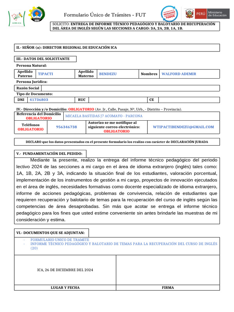 Formulario Unico de Tramite - Dre Ica - Entrega de Informe Tecnico ...