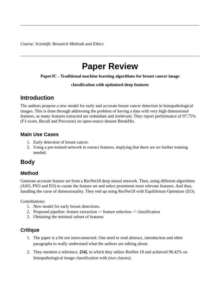 Paper 3C Review - Breast Cancer Image Classification | PDF | Deep ...
