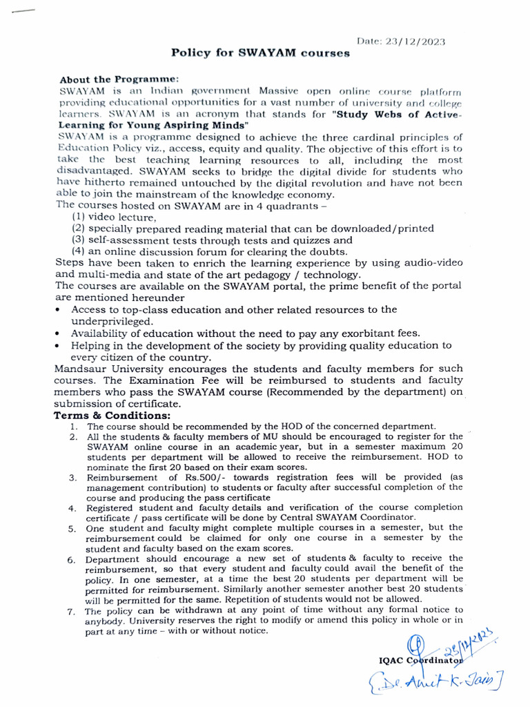 Revised Policy for SWAYAM Courses | PDF | Learning