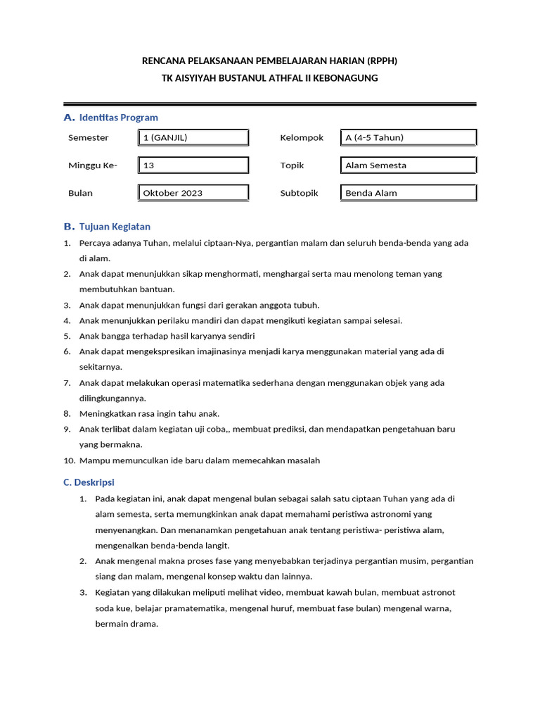 RPPH TK A Minggu Ke 13 | PDF