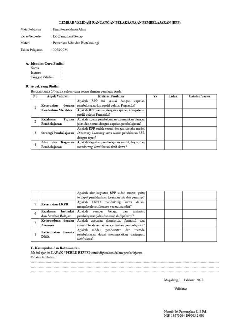 Lembar Validasi Modul Ajar | PDF