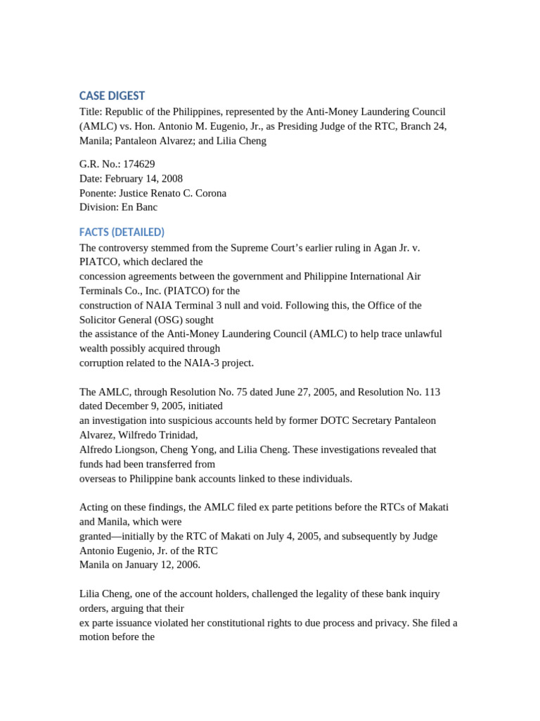 AMLC v Eugenio Case Digest Detailed (1) | PDF | Ex Parte | Ex Post Facto Law