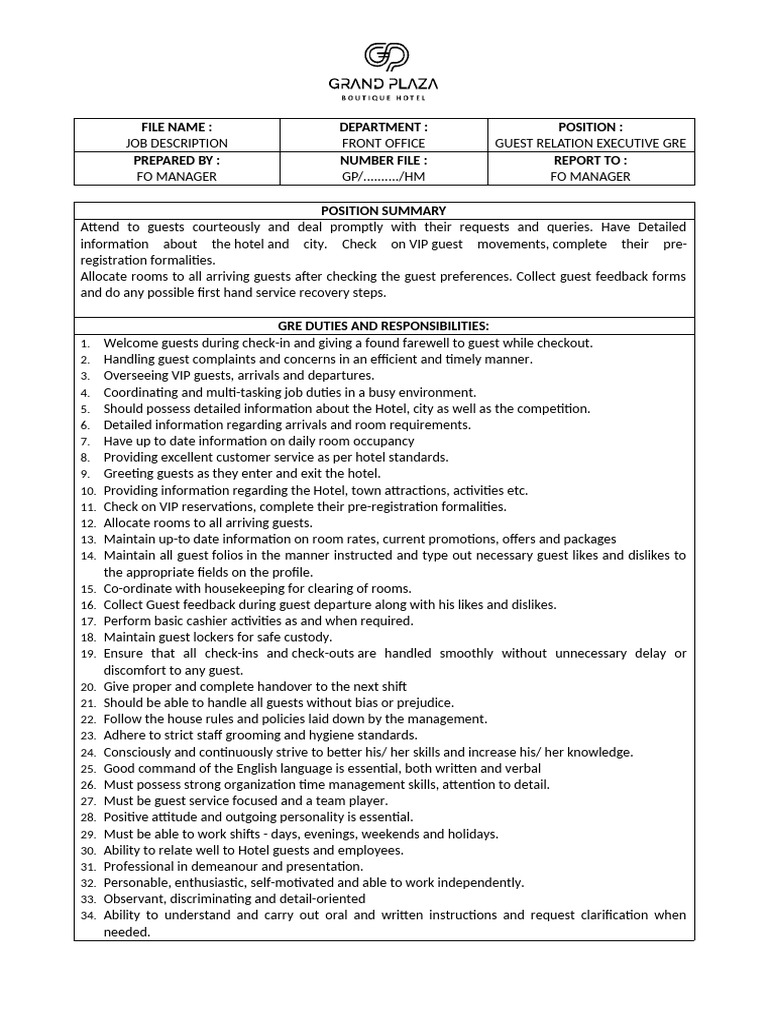 GP JD Guest Relation Executive - GRE | PDF | Skill | Communication