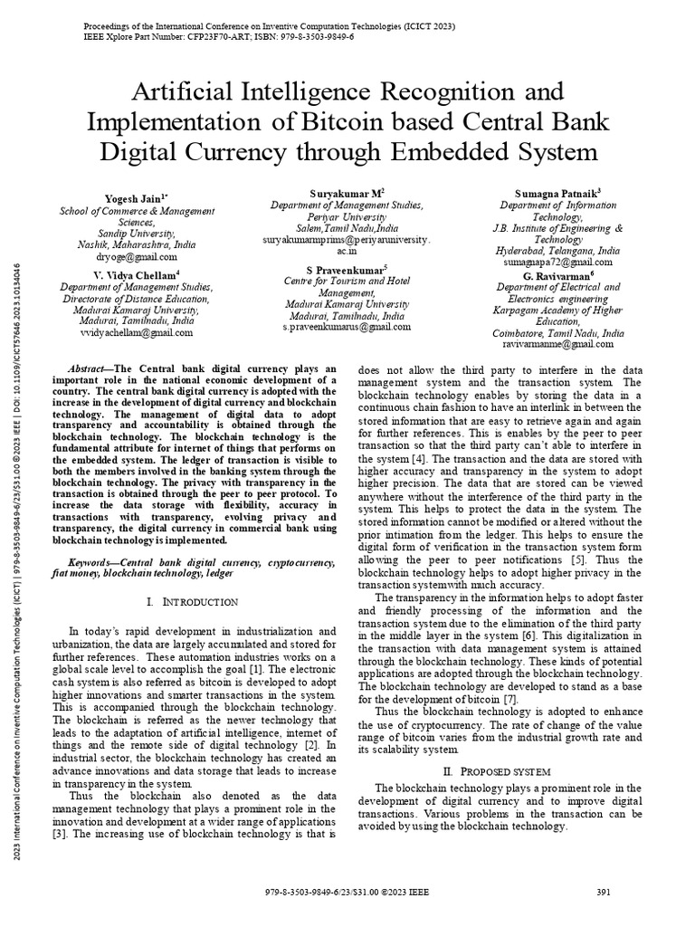 Artificial Intelligence Recognition and Implementation of Bitcoin Based Central Bank Digital ...