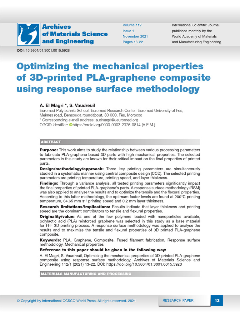 Optimizing The Mechanical Properties of 3D Printed PLA Graphene Composite Using Response Surface ...