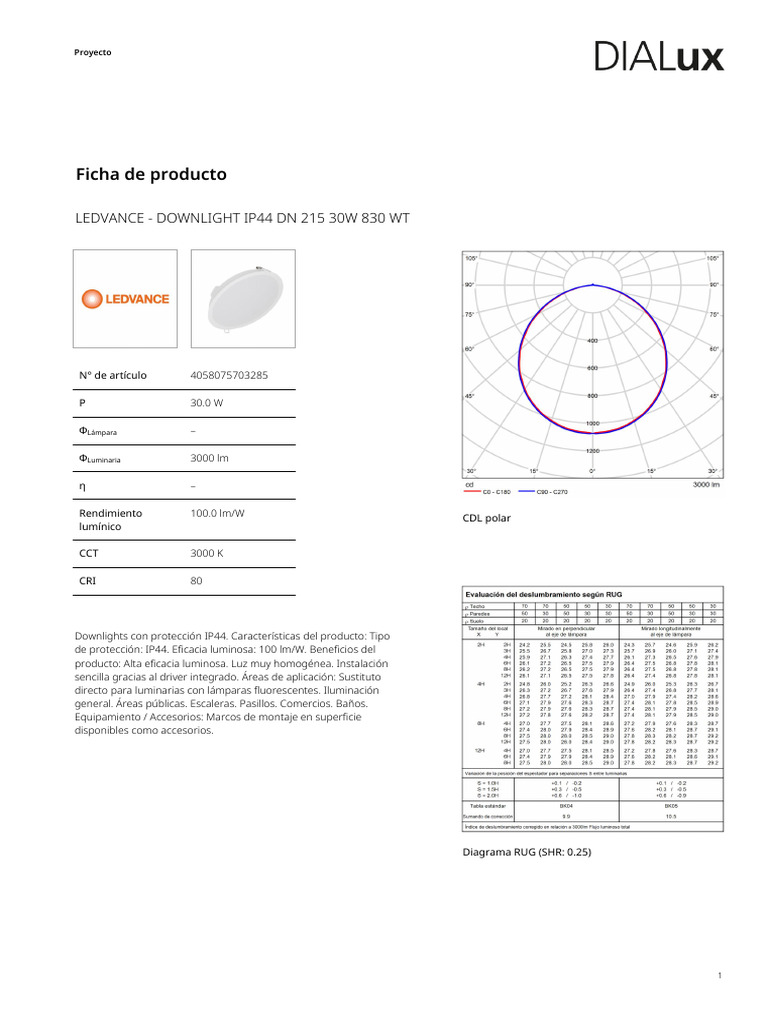 Downlight LEDVANCE IP44 30W 3000K | PDF