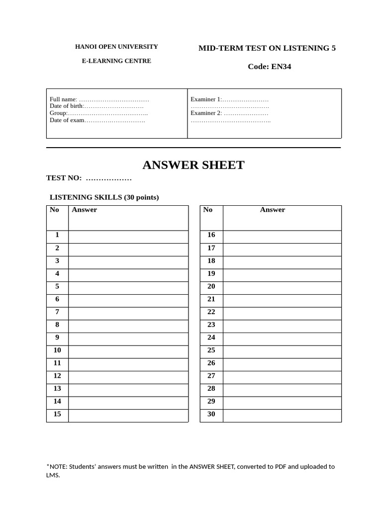 Listening Test Answer Sheet | PDF