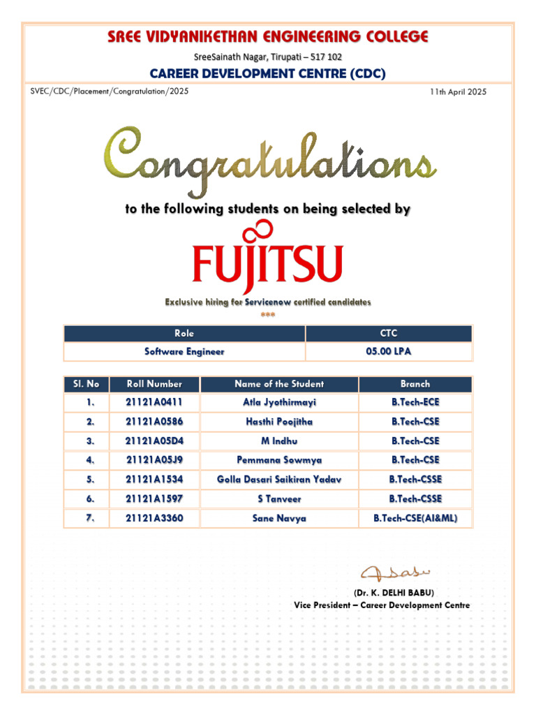 Congratulations Fujitsu(Servicenow) 2025 Batch SVEC | PDF