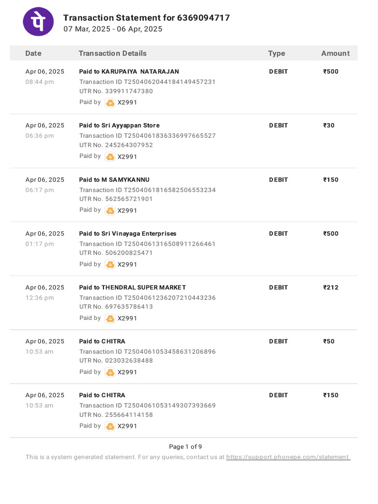 PhonePe Statement Mar2025 Apr2025 | PDF | Debit Card | Debits And Credits