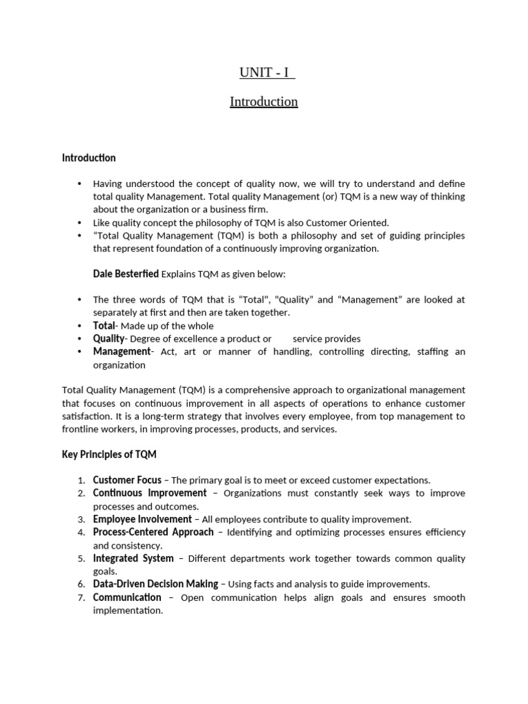 Total Quality Management UNIT-1 | PDF | Quality Management | Quality ...