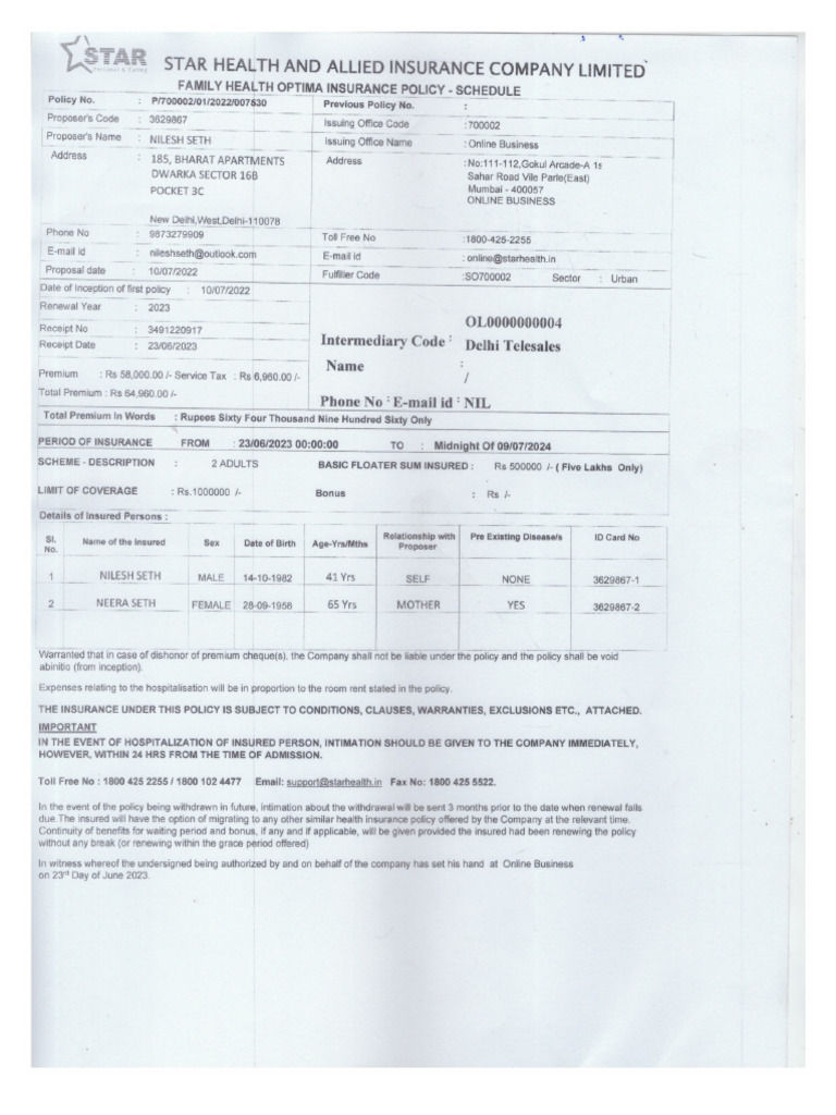 Star Health Receipt 2023-24 | PDF