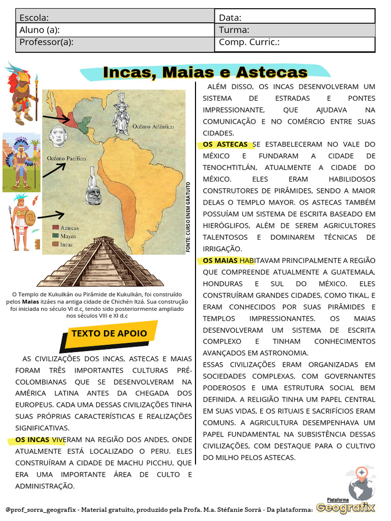 Incas, Maias e Astecas - Atividade Esquematizada + Interativa - Profa. Sorra - Geografix | PDF ...