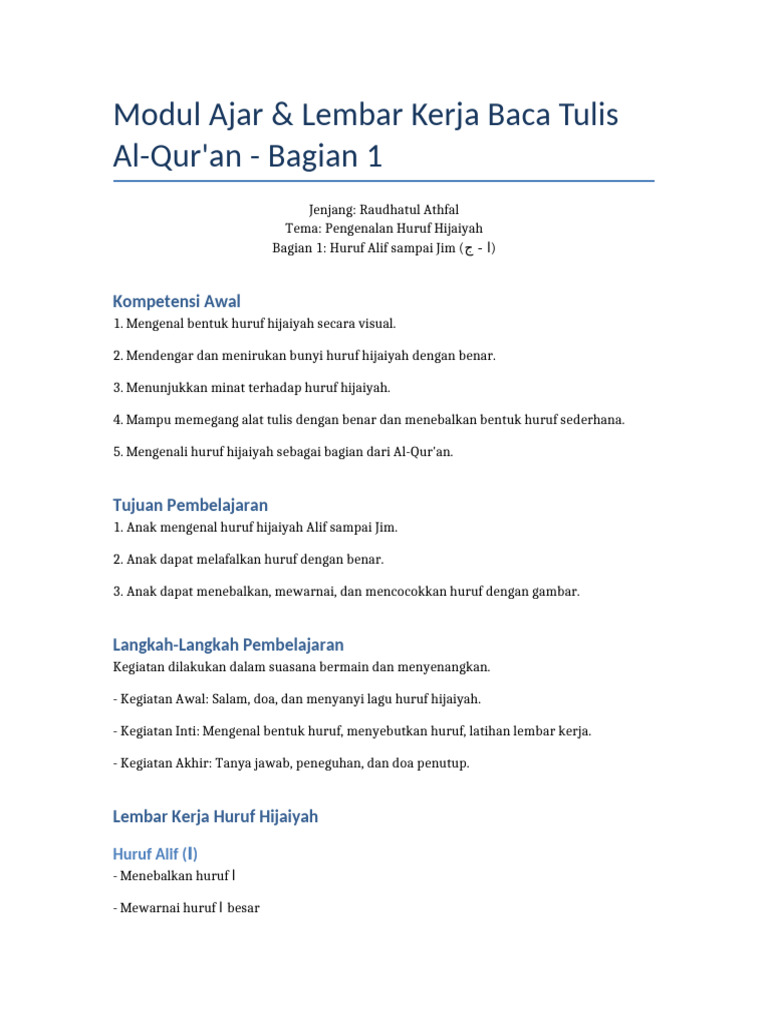 Modul Ajar Huruf Hijaiyah untuk TK | PDF