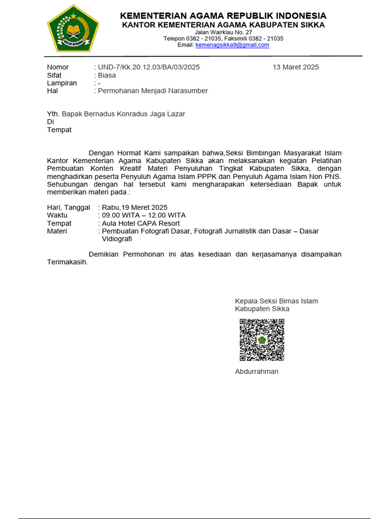 Bernadua Konradus Jaga Lazar - SuratPermohonanMemberiMateri | PDF