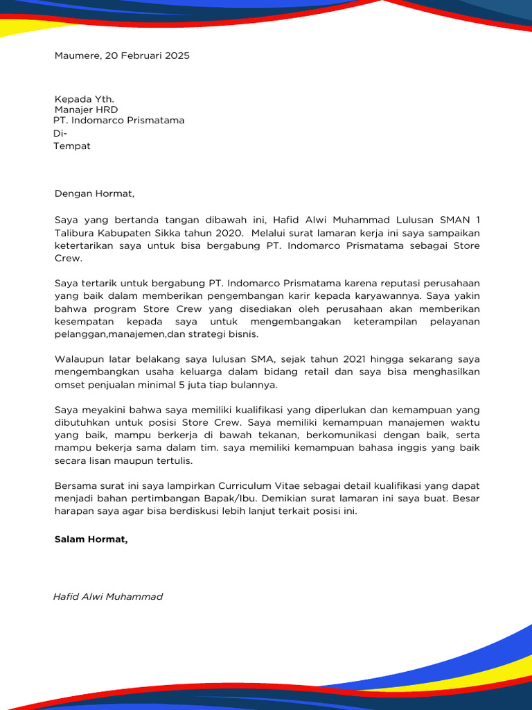 Surat Lamaran Hafid Alwi Muhammad | PDF