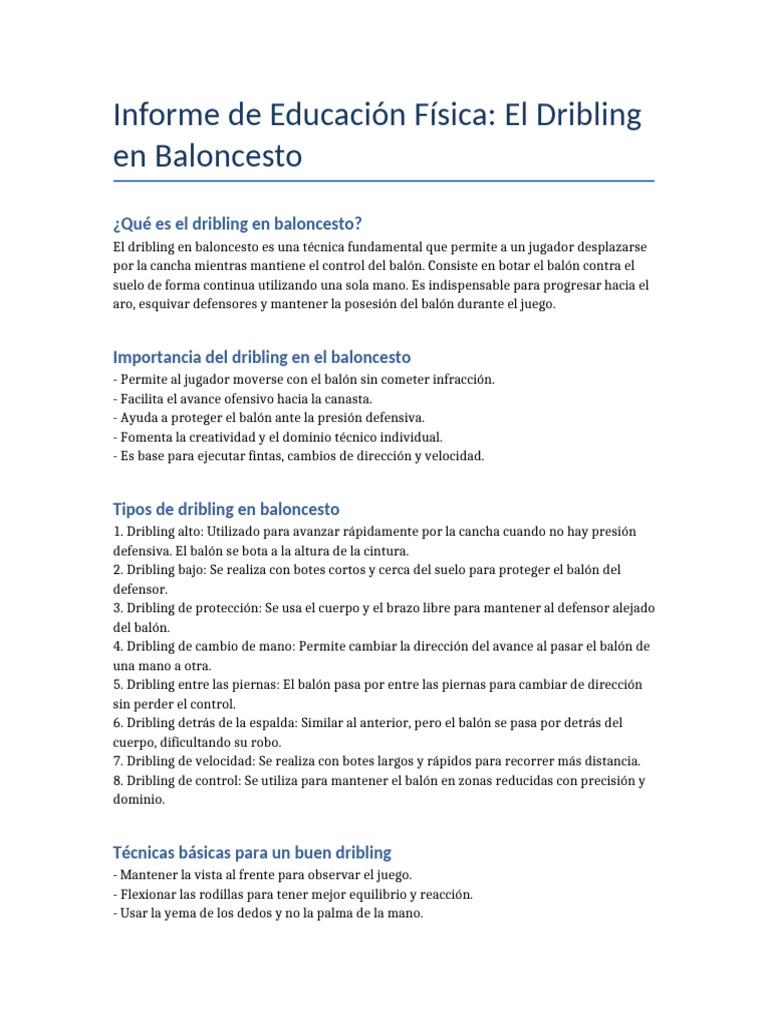 Informe Extendido Dribling Baloncesto | PDF