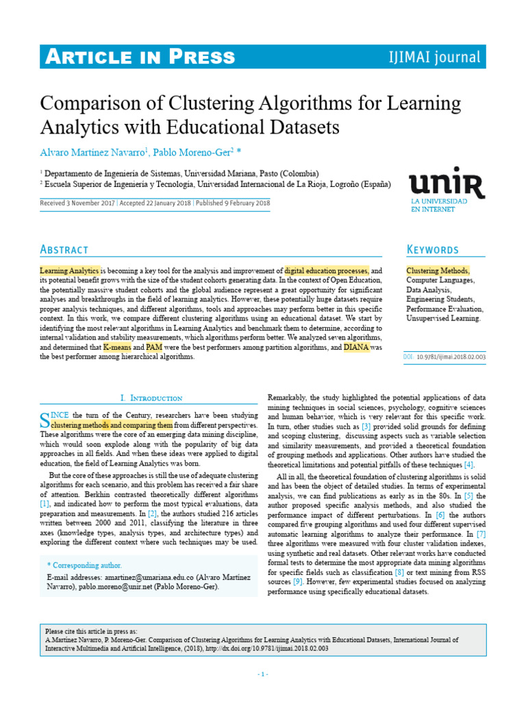 Comparison of Clustering Algorithms For Learning A | PDF | Cluster Analysis | Data