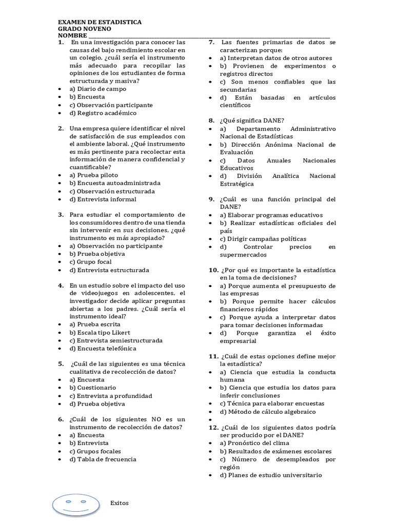Examen de Estadistica Grado Noveno | PDF | Metodología de encuesta | Estadísticas
