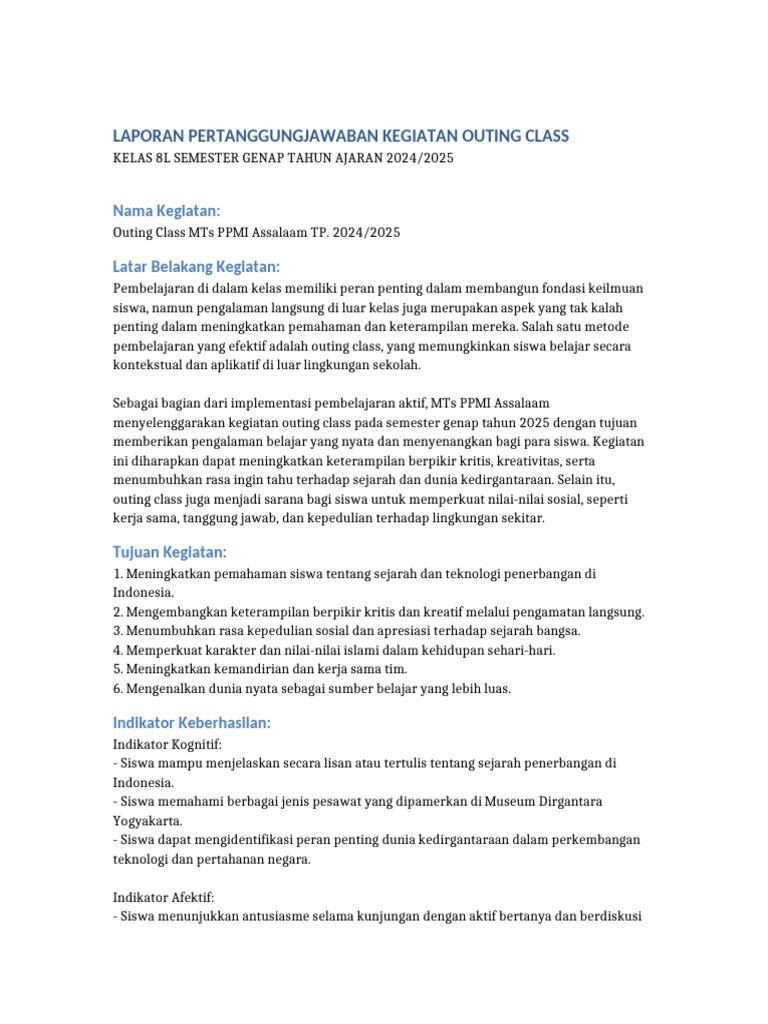Laporan Outing Class 8L | PDF