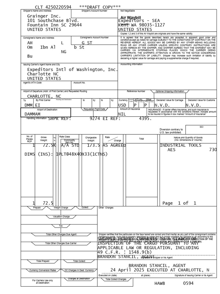 House Air Waybill Draft Example | PDF