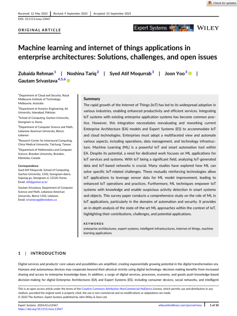 Expert Systems - 2023 - Rehman - Machine Learning and Internet of Things Applications in ...