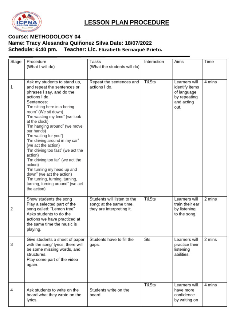 Lesson Plan Procedure 2 Tracy Quiñonez Silva | PDF | Question | Learning