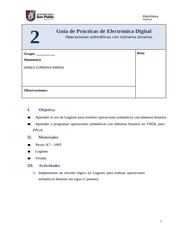 Laboratorio 2 - Operaciones Aritméticas Con Números Binarios 211111111 ...