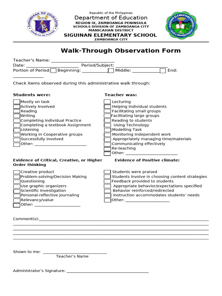 Walk-Through Observation Form 2025 | PDF | Teachers | Behavioural Sciences