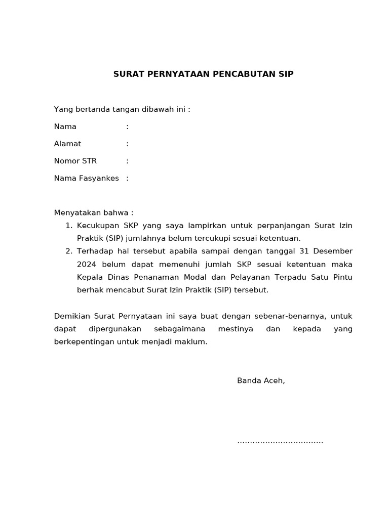 Surat Pernyataan Pencabutan Sip | PDF