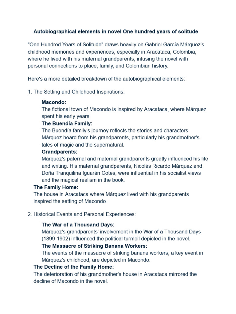 Autobiographical Elements in Novel One Hundred Years of Solitude | PDF ...