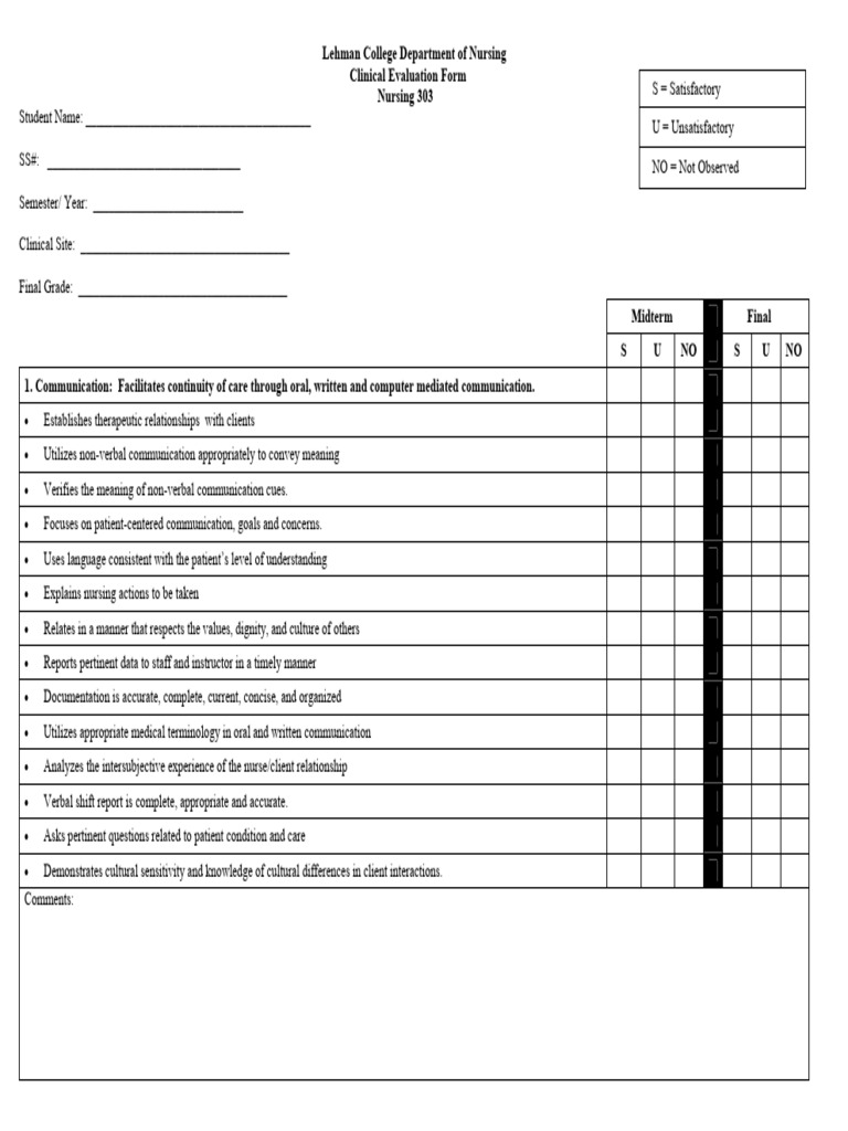 Nursing 303 Clinical Evaluation Form | PDF | Nursing | Communication