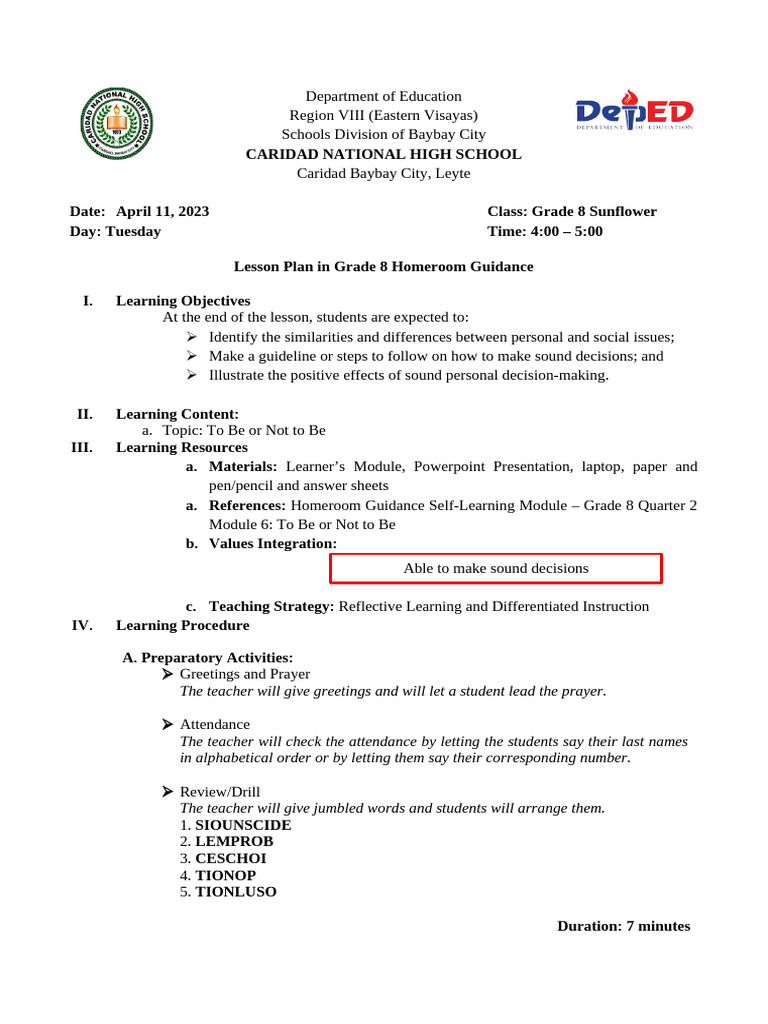 Homeroom Guidance - Quarter 2 - Module 6 - Grade 8 | PDF | Decision ...