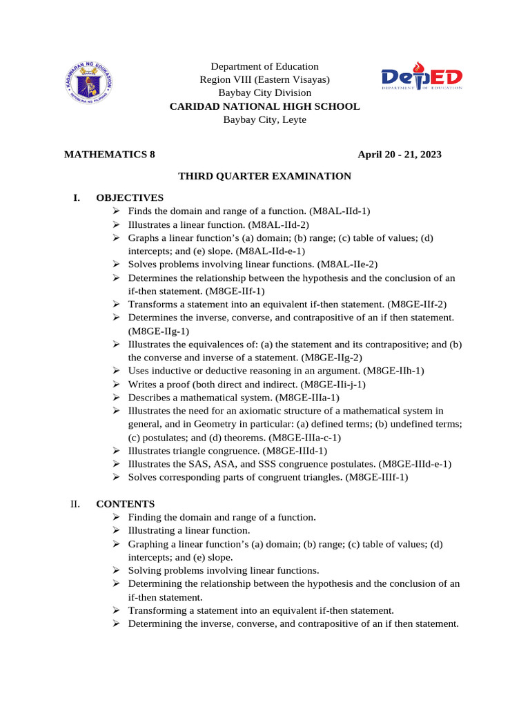 1 - TOS For Grade 8 (Third Quarter) | PDF | Mathematical Proof | Function (Mathematics)