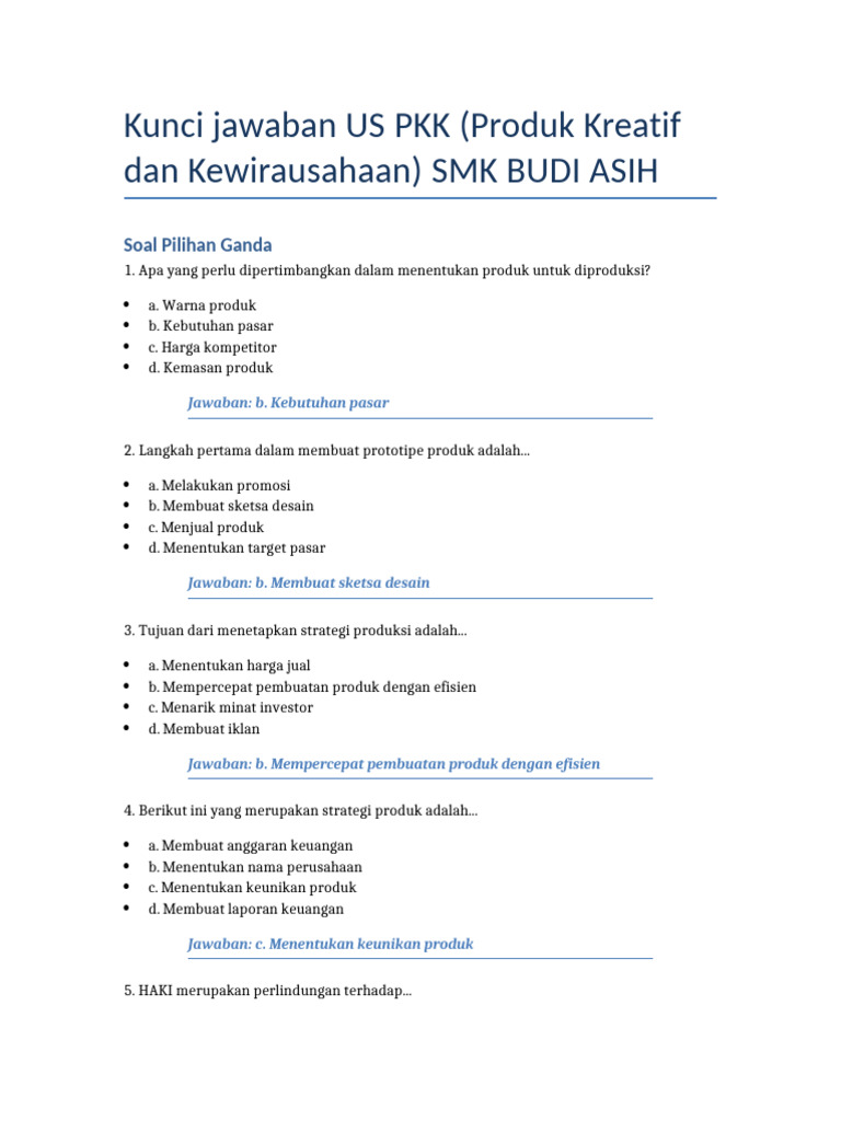 Kunci Jawaban Us PKK SMK Budi Asih | PDF