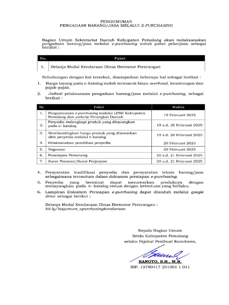Pengumuman Epurchasing Setda | PDF