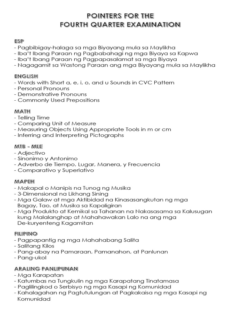 Pointers For The Fourth Quarter Examination | PDF
