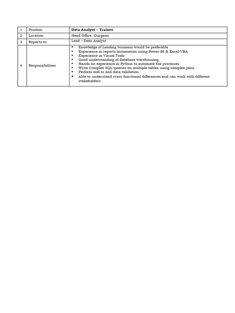 Job Description - Data Analyst - Trainee | PDF