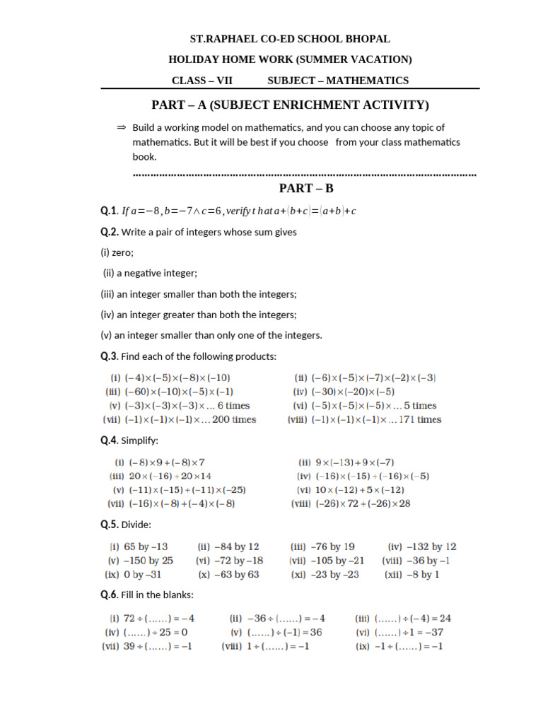 Class-7-Summer-Holiday-Homework | PDF