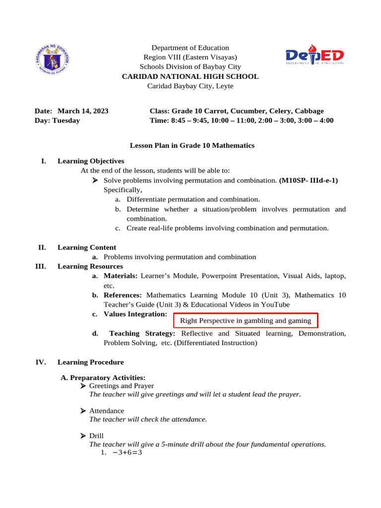 Quarter 3 - Week 5 - Day 2 - Grade 10 | PDF | Learning | Permutation