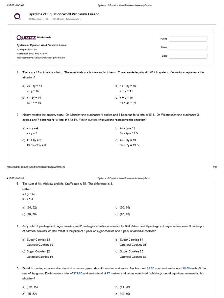 Systems of Equation Word Problems Lesson - Quizizz | PDF | Multiple ...