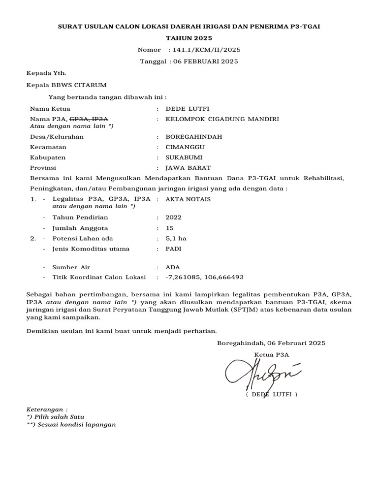 SURAT USULAN PENERIMA P3TGAI Dan SPTJM.. | PDF