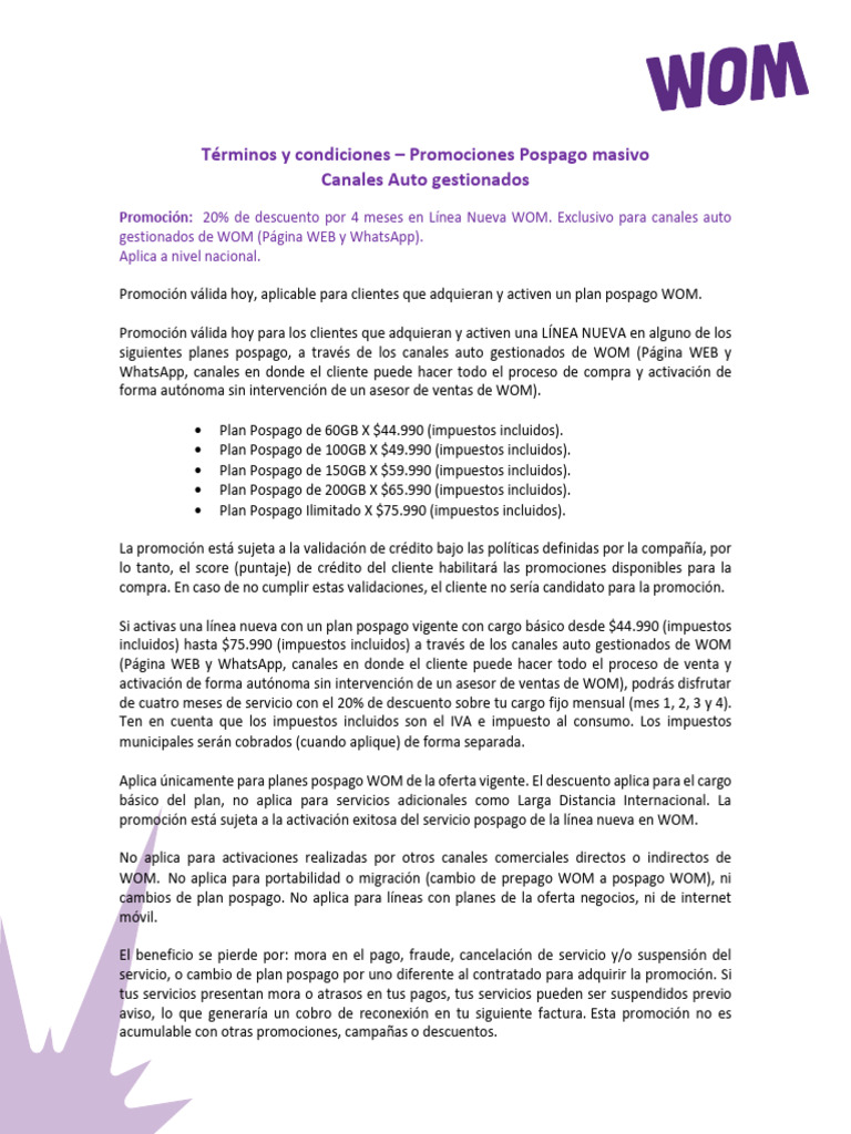 T Rminos y Condiciones Promociones - L Nea Nueva - Canales Auto Gestionados | PDF