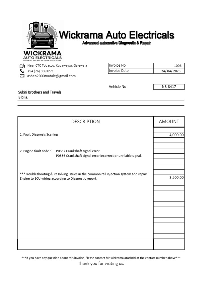 Wickrama Auto Electricals Invoice Excel File (1) 1006 | PDF
