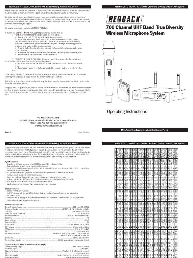 Redback C8890D Wireless Microphone Manual | PDF | Telecommunications | Computer Engineering