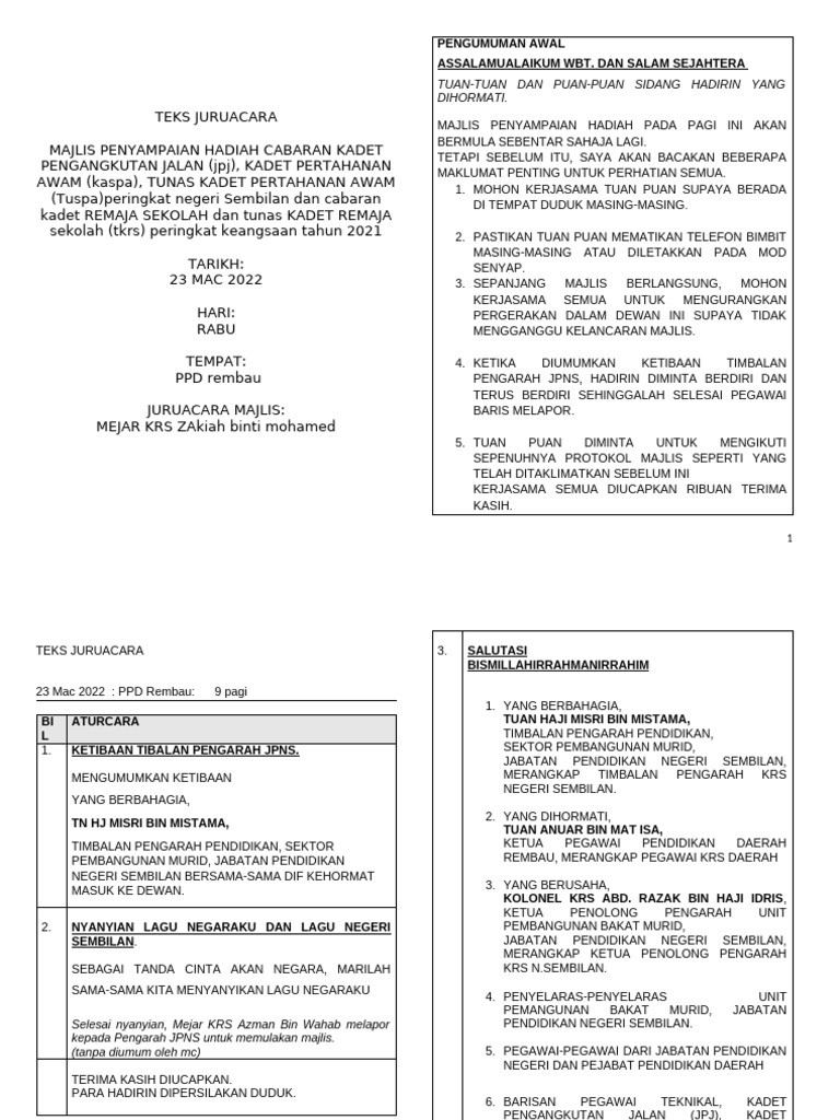 Teks Juruacara Penyampaian Hadiah Cabaran Negeri Kebangsaan JPJ, KASPA, TUSPA, KRS, TKRS 2021 | PDF