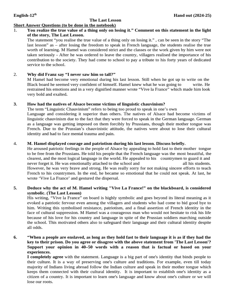 CH 1 The Last Lesson Handout 2024 | PDF