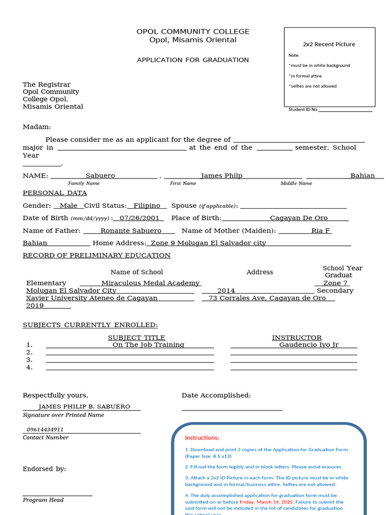 Opol Community College Graduation Application | PDF